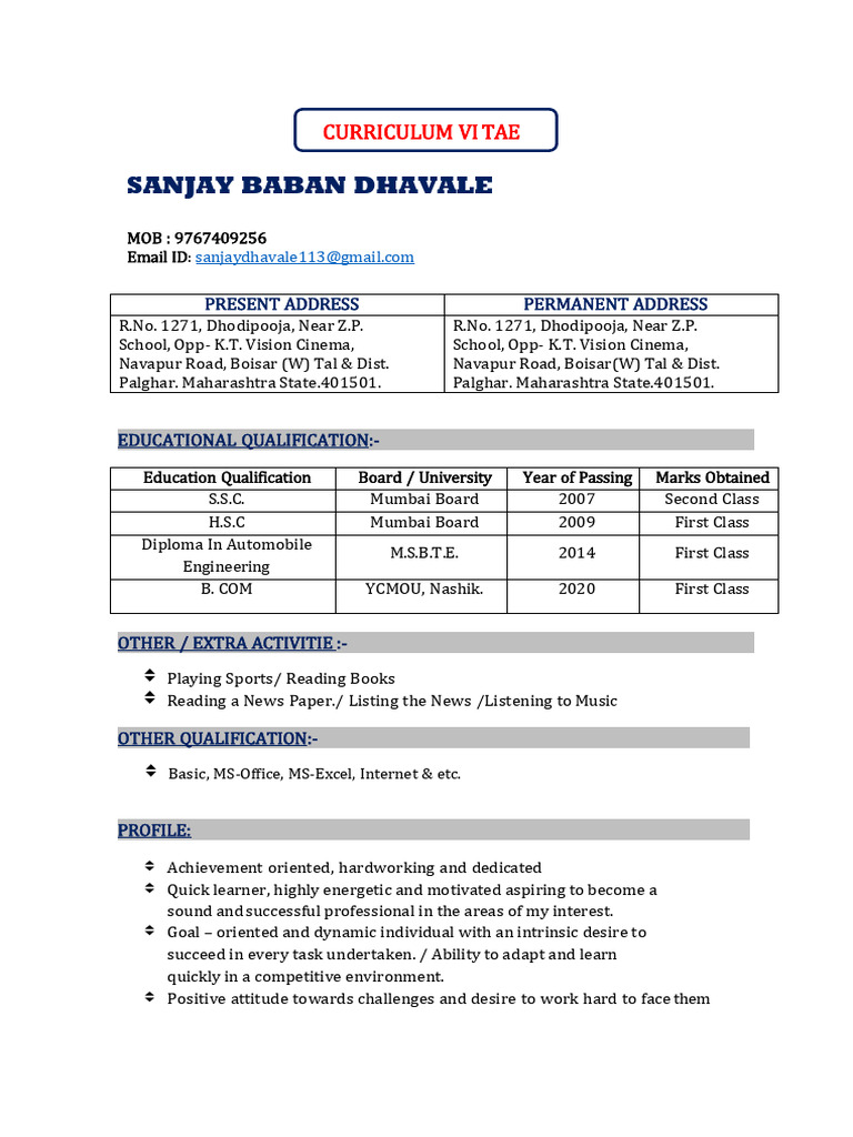 Sanjay dhavale Resume | PDF | Behavior Modification | Cognition