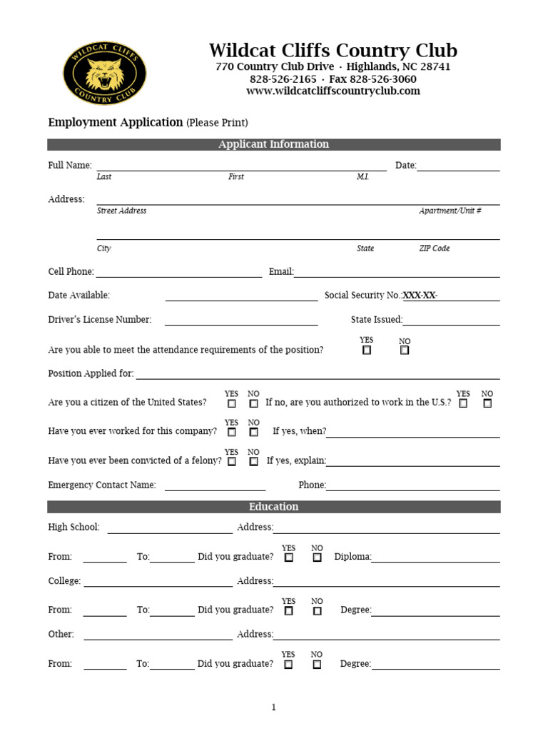 Wildcat Cliffs Country Club Employee - Application - (Fillable) | PDF ...