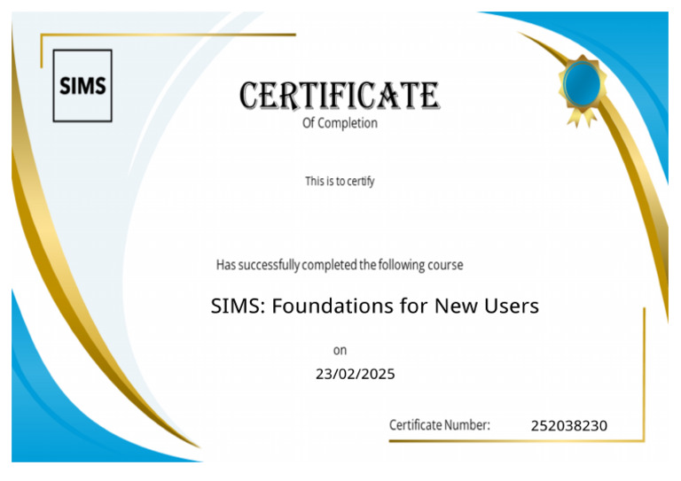 Certificate of Sims Foundation New Users | PDF