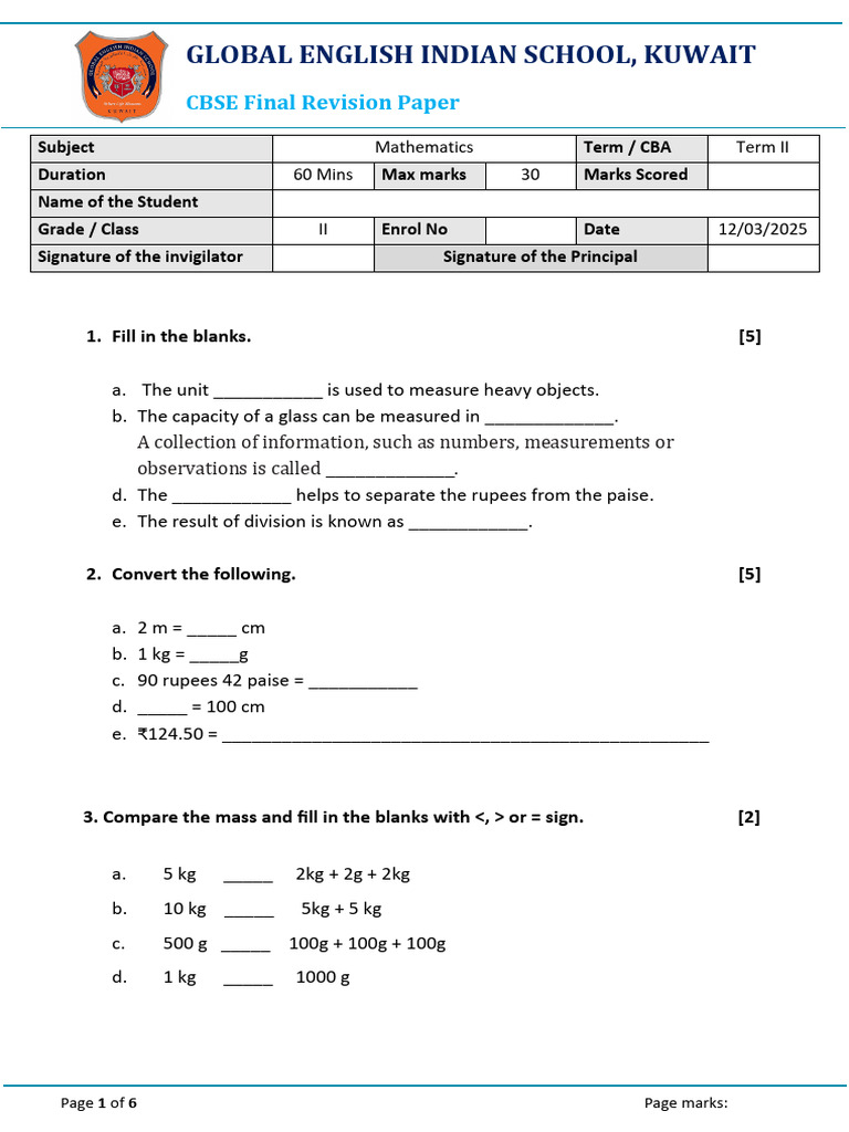 Math Grade 2 Revision Paper | PDF