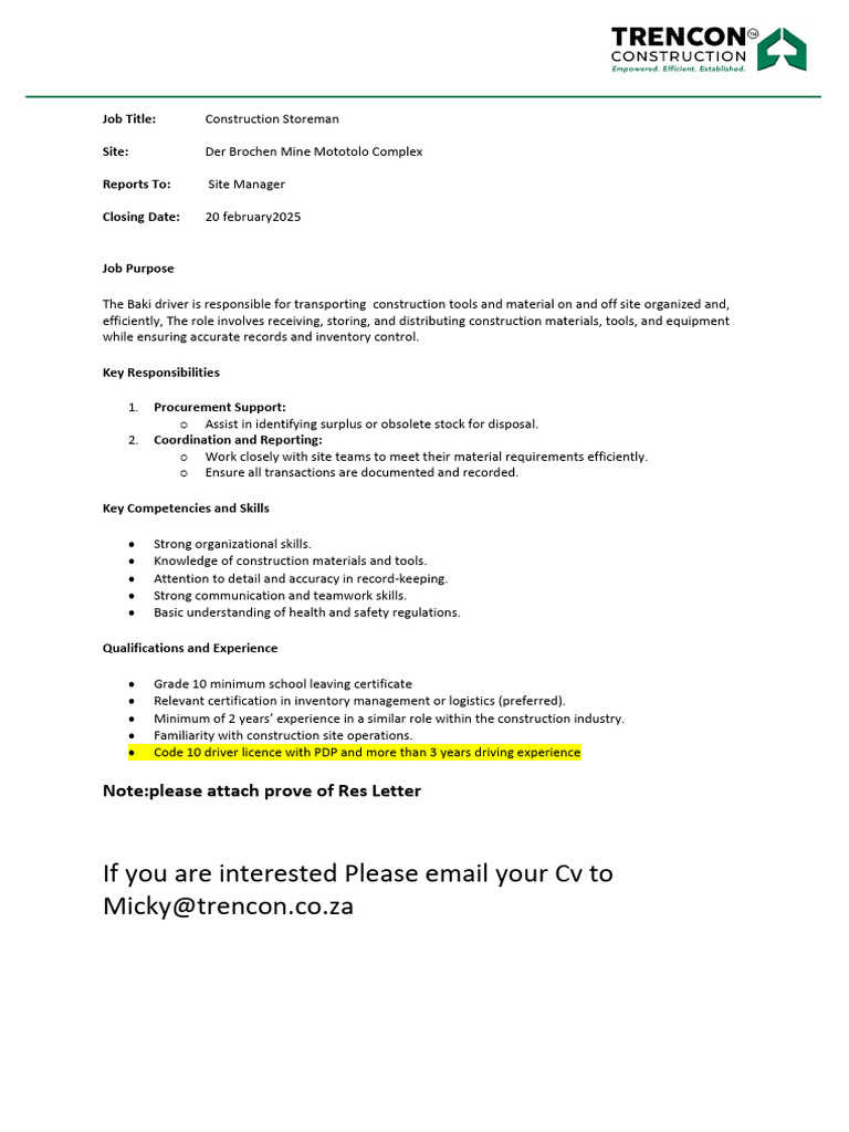 Construction Storeman at Mototolo Complex | PDF