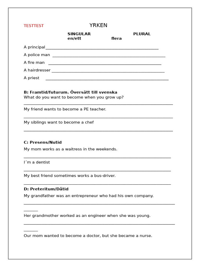 Swedish Occupations and Tenses Guide | PDF