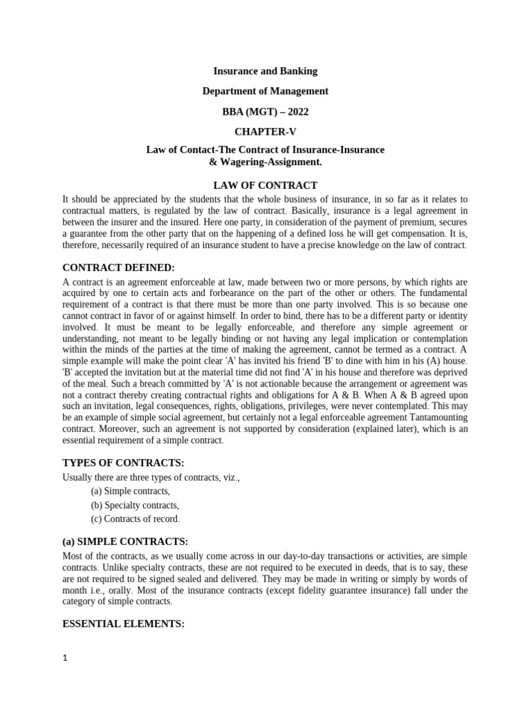 CHAPTER 5 Insurace and Banking | PDF | Assignment (Law) | Insurance