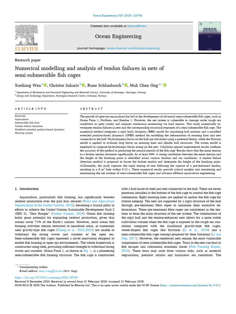 Numerical modelling and analysis of tendon failures in nets of semi-submersible fish cages | PDF ...