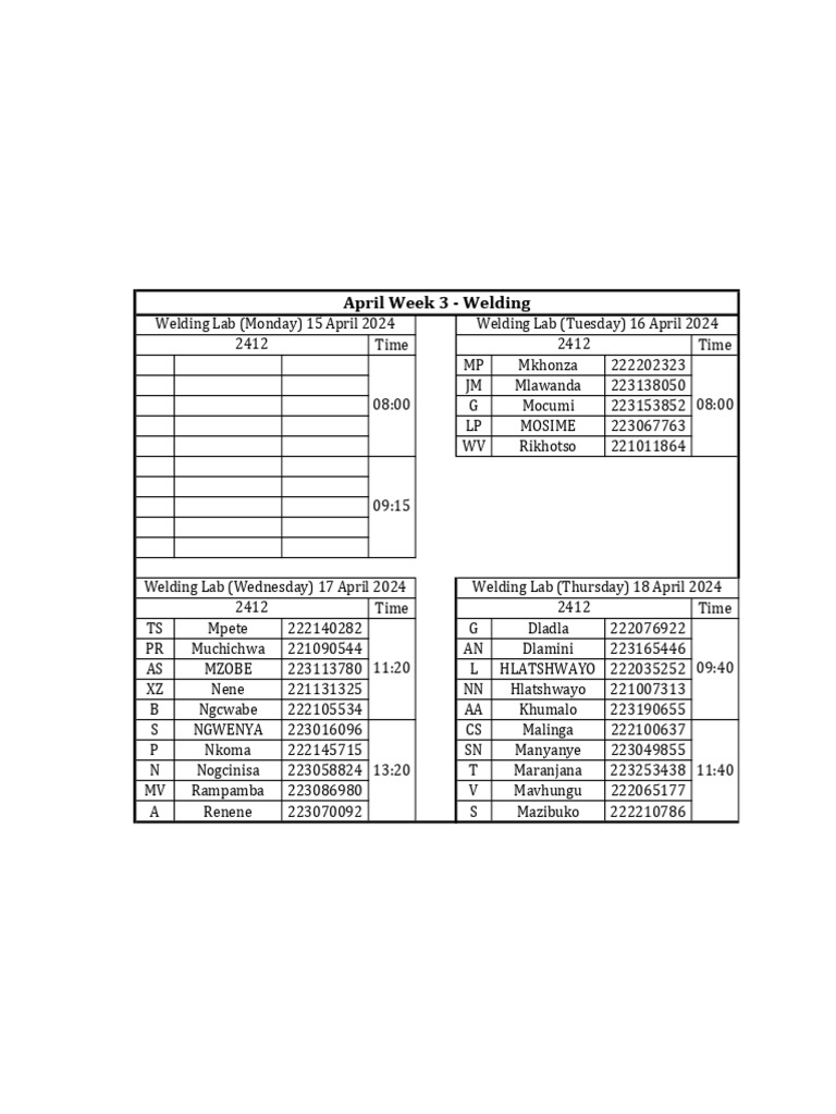 April 2024 Welding and Lathe Lab Schedule | PDF