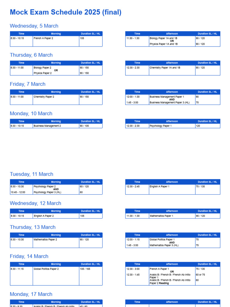 2025 Mock Exam Schedule Details | PDF