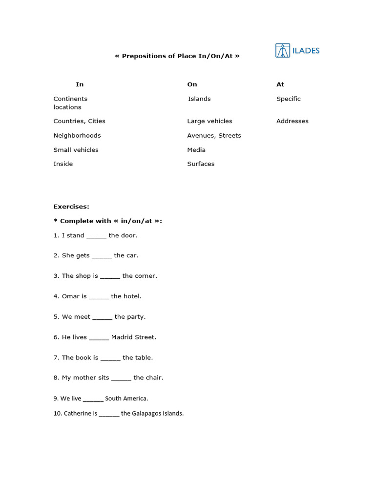 Prepositions of Place Guide | PDF