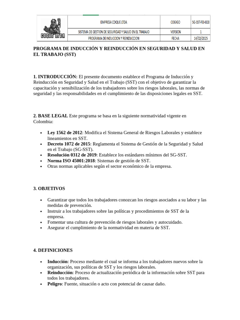 Programa de Inducción y Reinducción SST | PDF