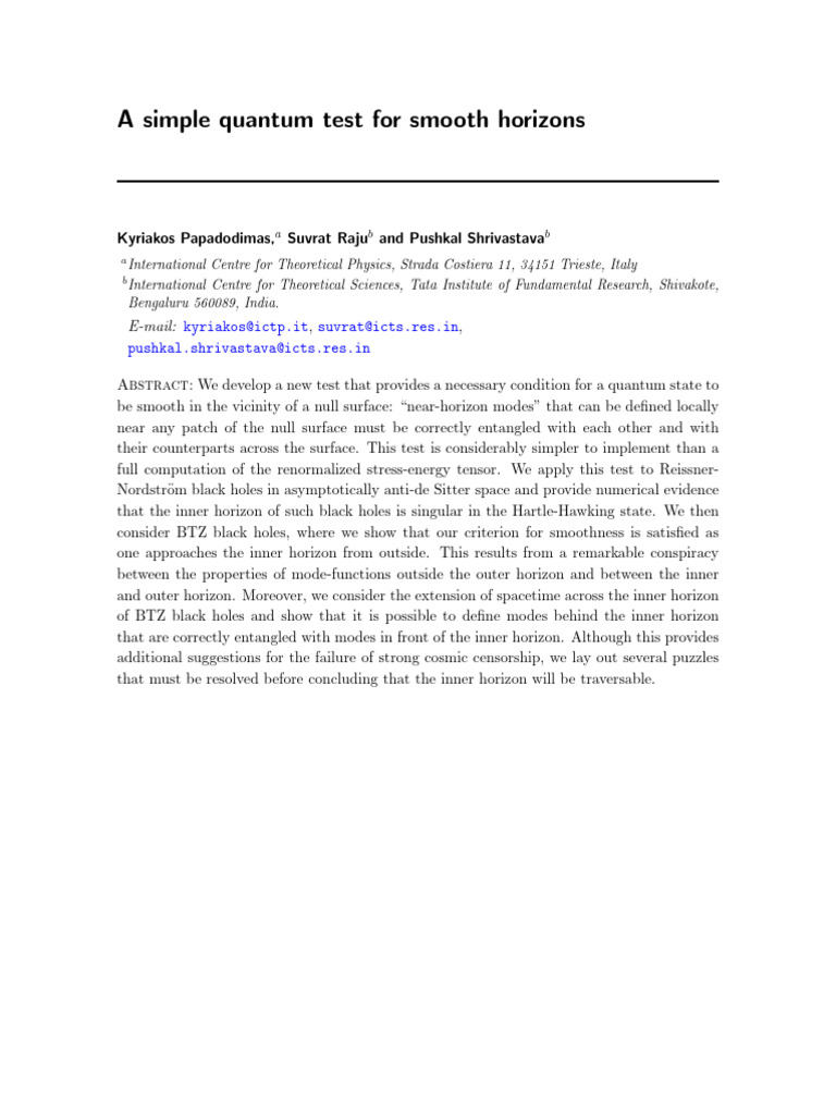A Simple Quantum Test for Smooth Horizons - Suvrat Raju | PDF | Black ...