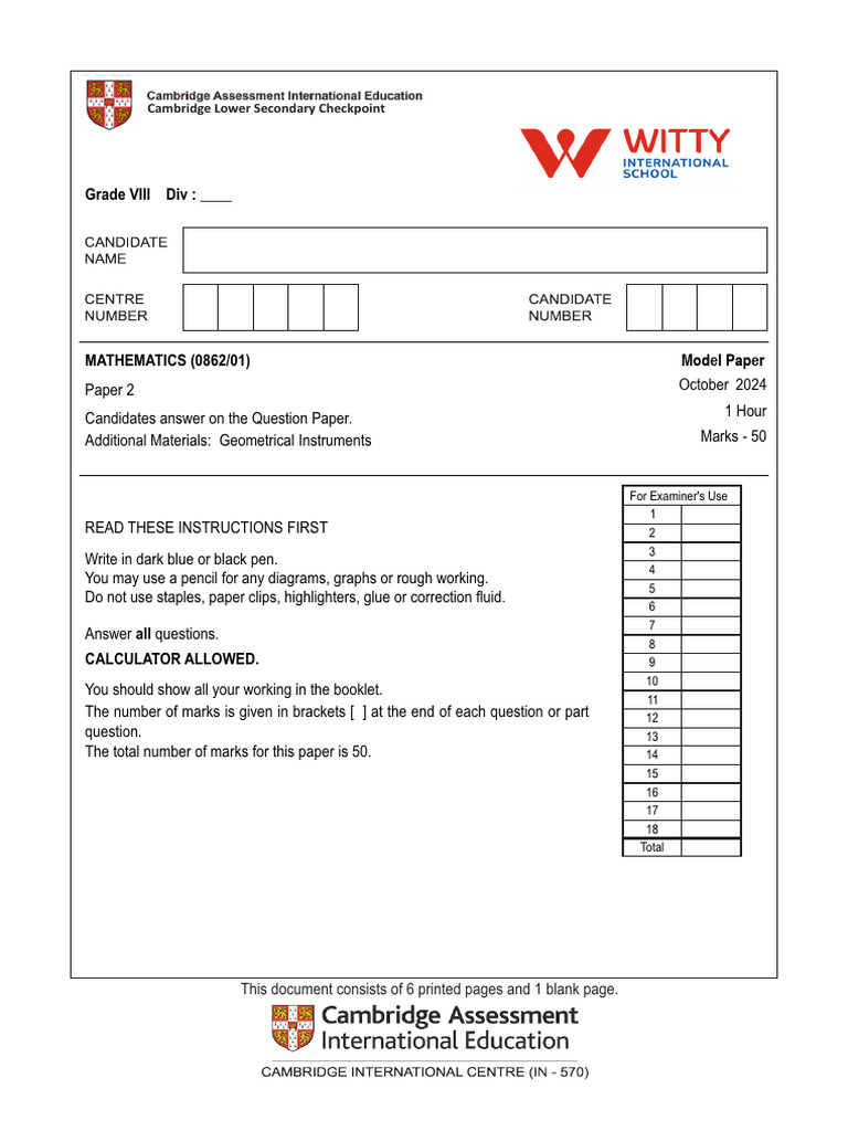 Grade 8 Mathematics Paper 2 Model Exam | PDF | Area | Rectangle
