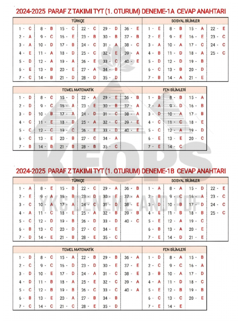 Paraf Z Takımı TYT Deneme Cevap Anahtarı 2025 | PDF
