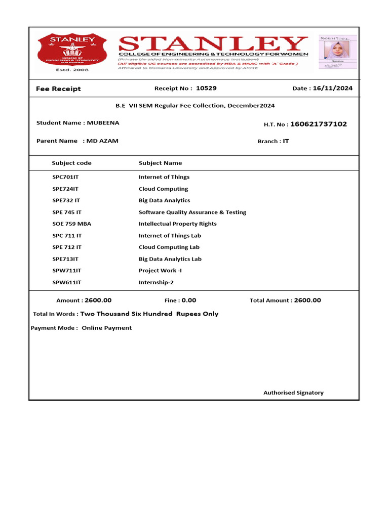 Student Exam Fee Receipt Report | PDF