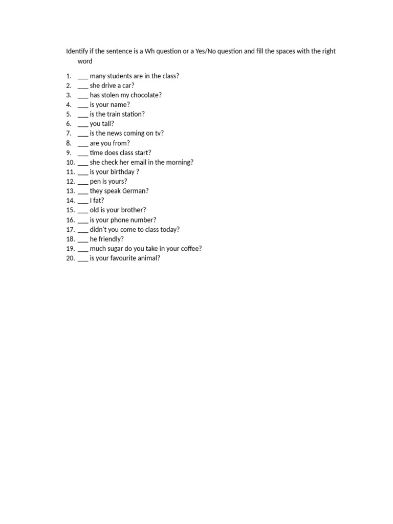 WH - Yes No Questions Exercise | PDF
