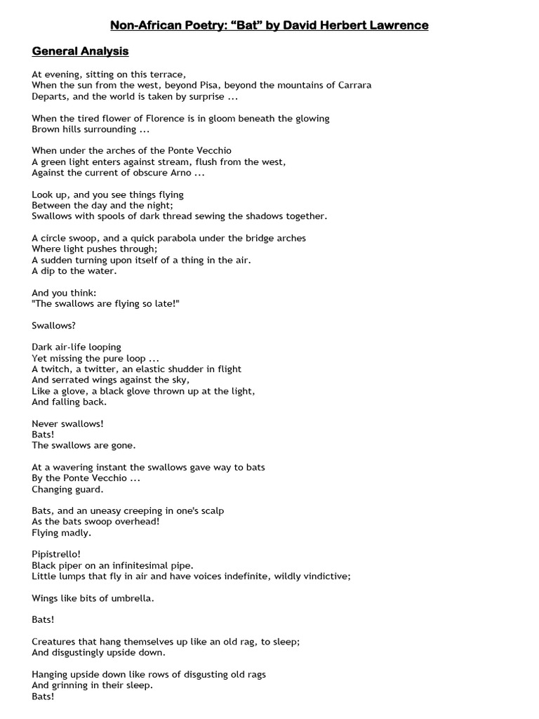 Non-African Poetry - Bat (David Herbert Lawrence) | PDF | Poetry | Bat