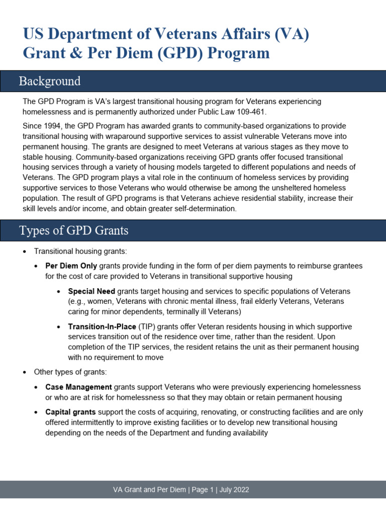 FactSheet GPDGrantFundingTypes July2022 | PDF | Homelessness | Veteran