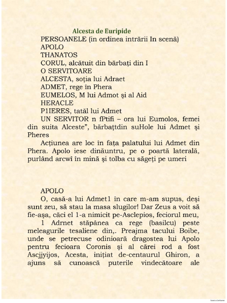 Alceste de Euripide Istorii I Mituri Grecesti | PDF
