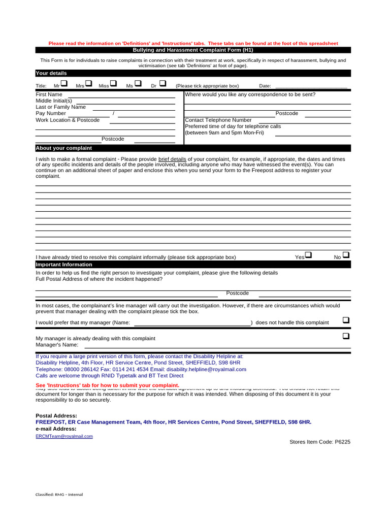 Royal Mail Bullying & Harassment Form | PDF | Bullying | Harassment