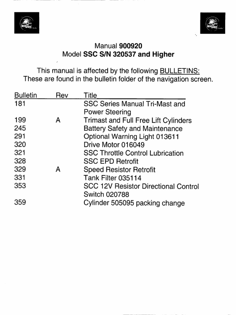 Big Joe SSC Series Parts Manual | PDF | Truck | Elevator