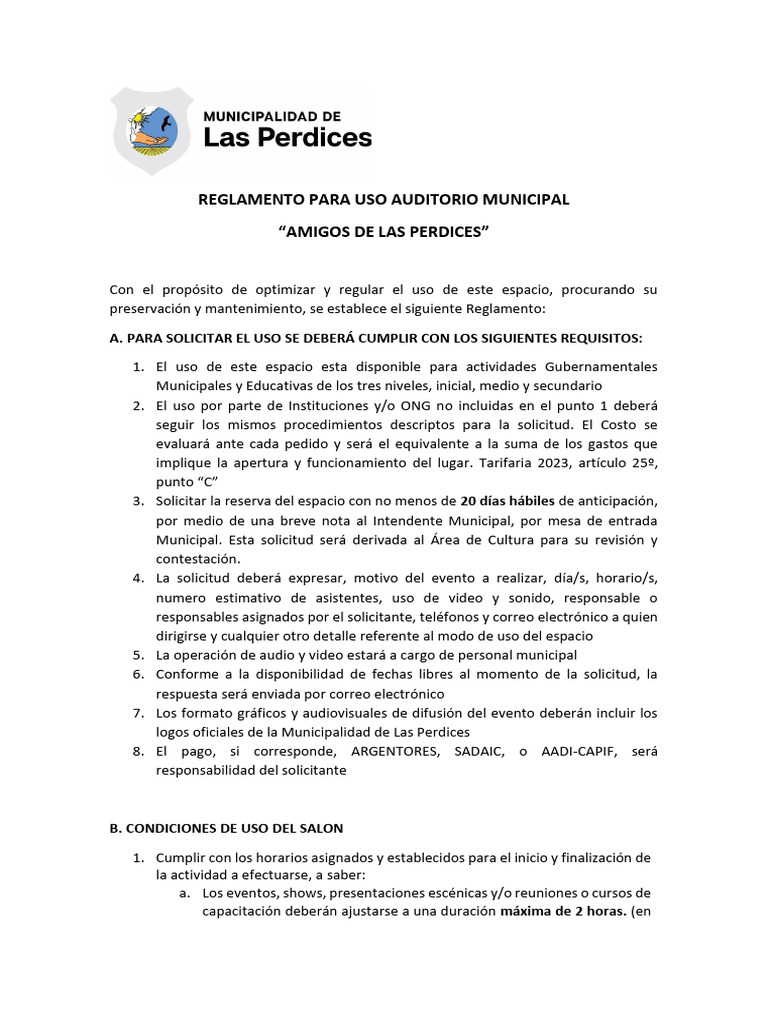 Reglamento para Uso y Prestamo Auditorio Municipal | PDF