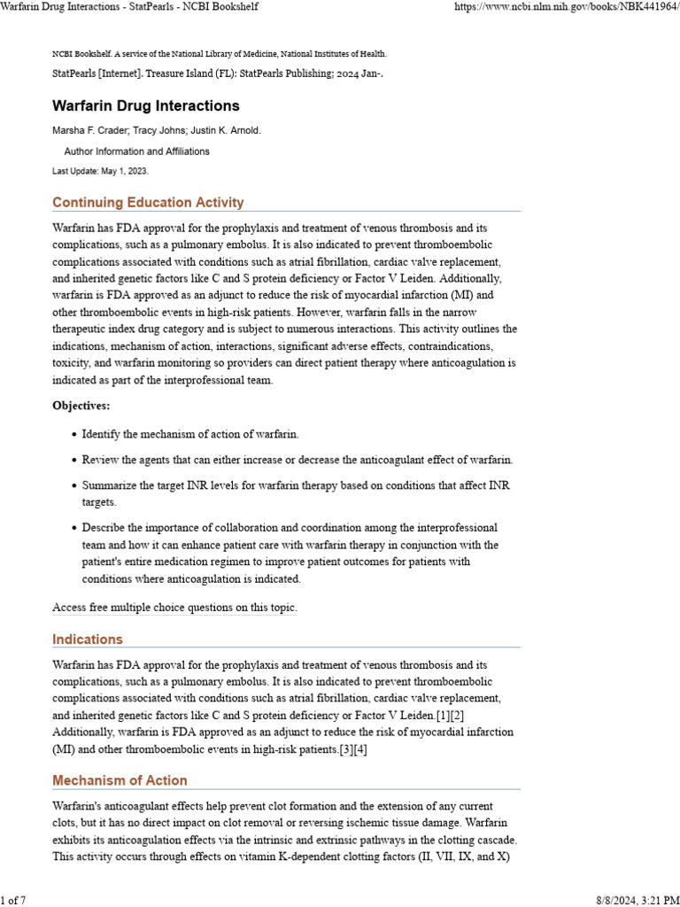 Warfarin Drug Interactions - StatPearls - NCBI Bookshelf | PDF | Coagulation | Thrombosis
