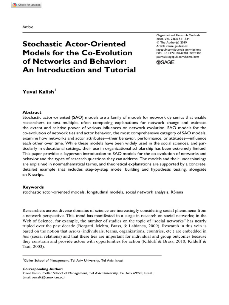 Kalish 2019 Stochastic Actor Oriented Models For The Co Evolution Of Networks And Behavior An