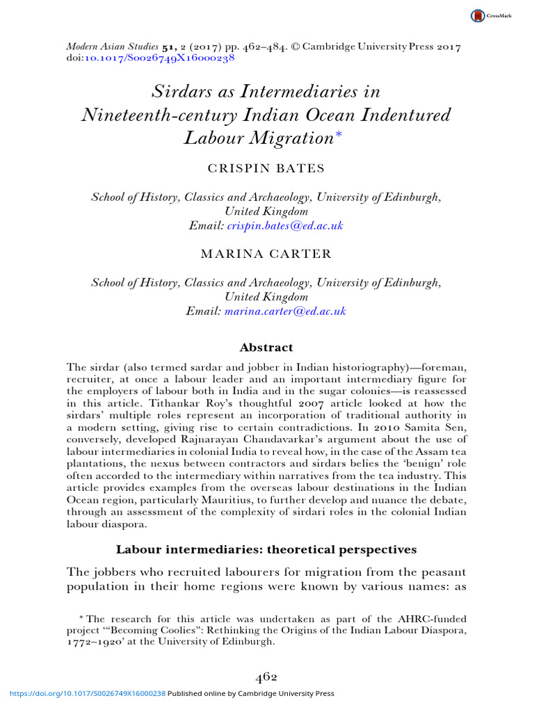 Sirdars As Intermediaries in Nineteenth Century Indian Ocean Indentured ...