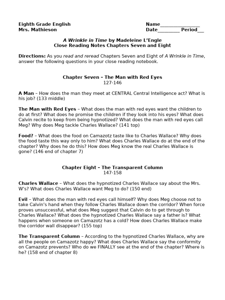 Close Reading: A Wrinkle in Time Ch. 7-8 | PDF