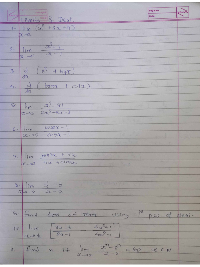 Worksheet Limits and Derivatives, 3-D Geometry | PDF