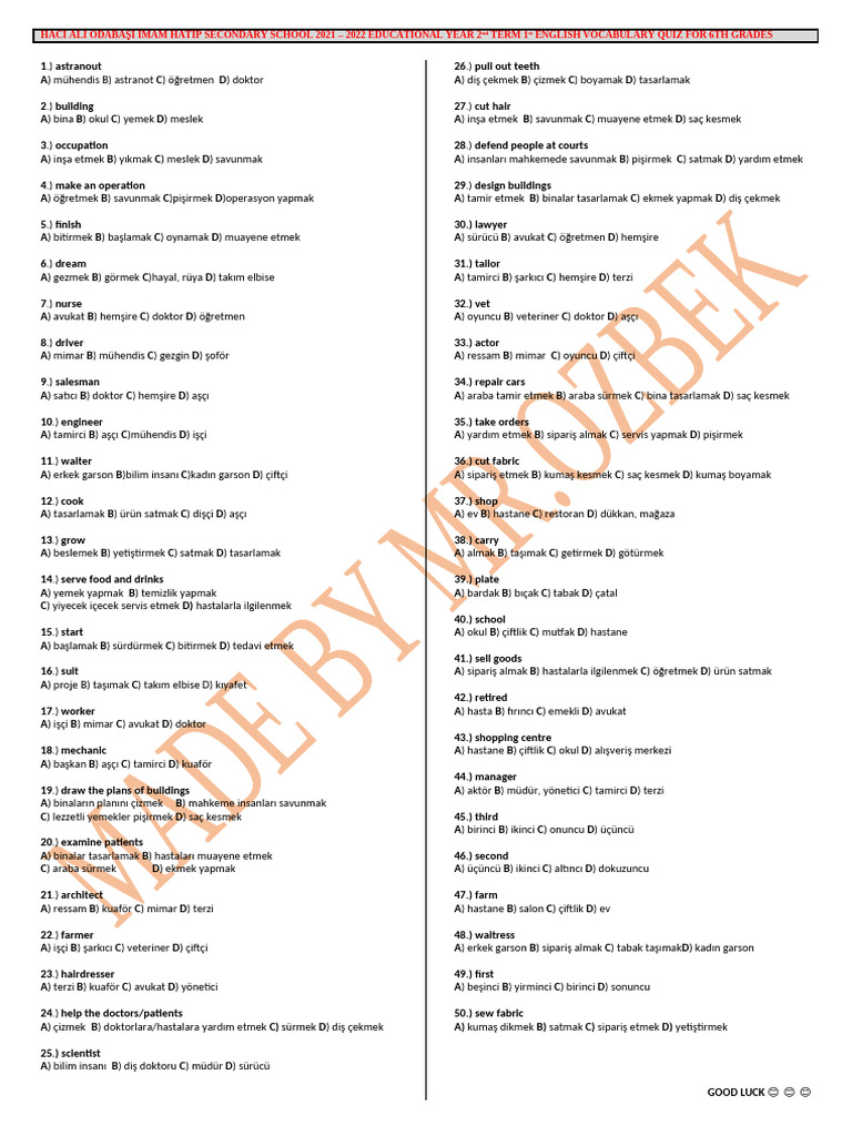 Grade 6th Unit Word Quiz | PDF