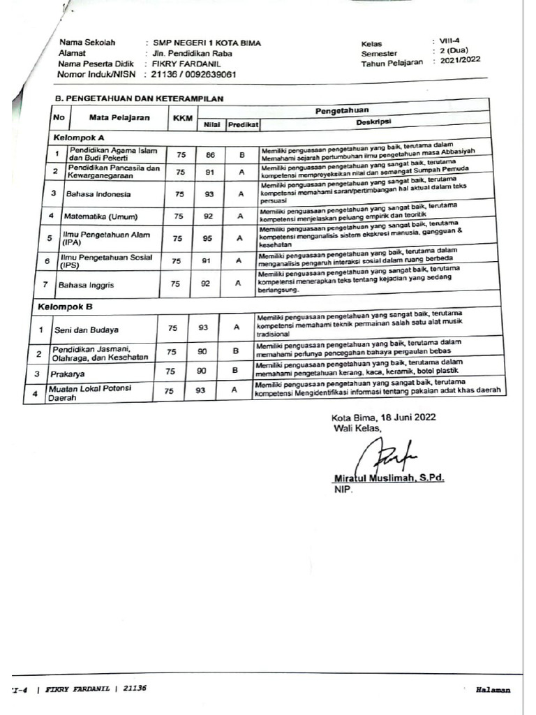 Nilai Raport Semester 4 | PDF