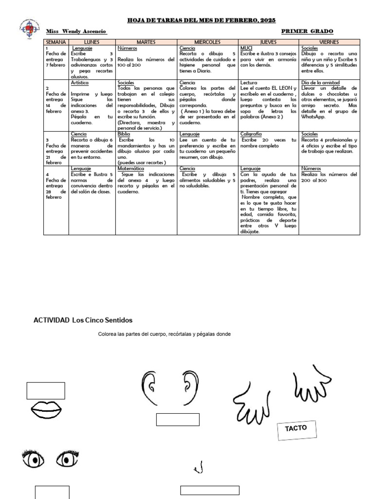 Tareas de Febrero 2025 para Primer Grado | PDF