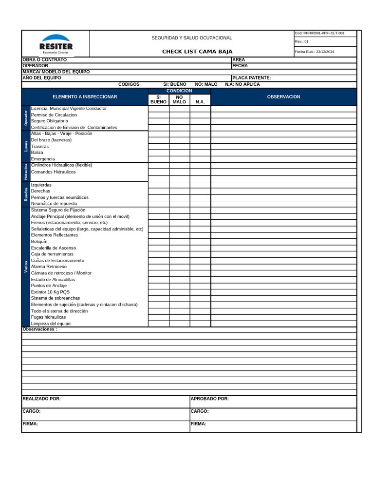 Phrir001 PRH CLT 001 - Checklist Cama Baja | PDF | Vehículos | Vehículo de motor