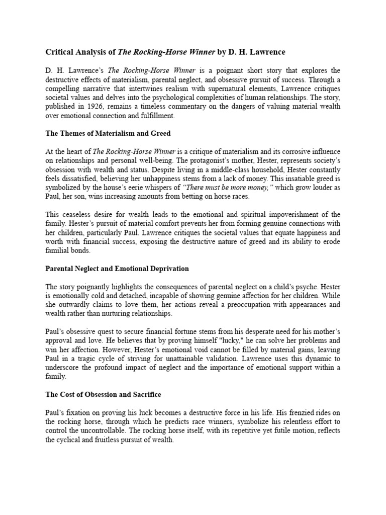 Critical Analysis of The Rocking-Horse Winner by D. H. Lawrence | PDF ...