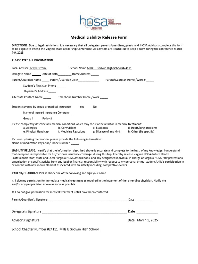 Virginia HOSA Conference Liability Form | PDF | Physician | Insurance
