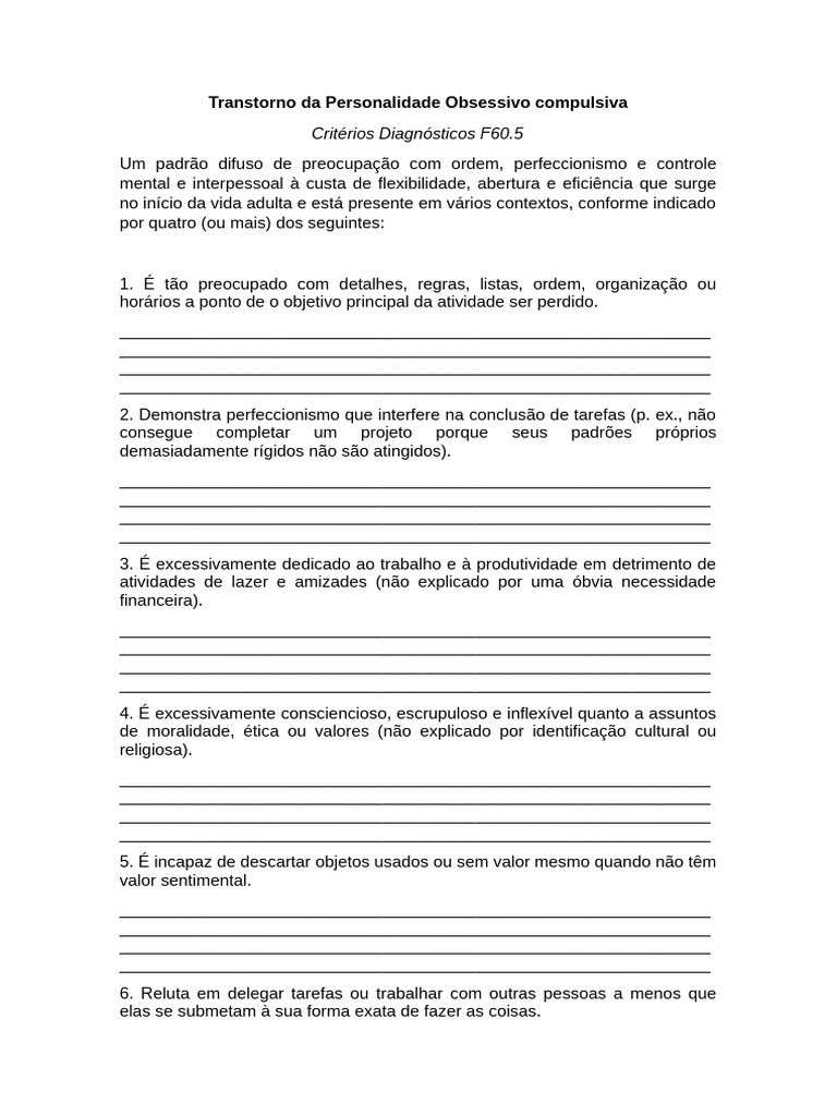 Transtorno Da Personalidade Obsessivo Compulsiva | PDF | Distúrbio mental | Ciências comportamentais