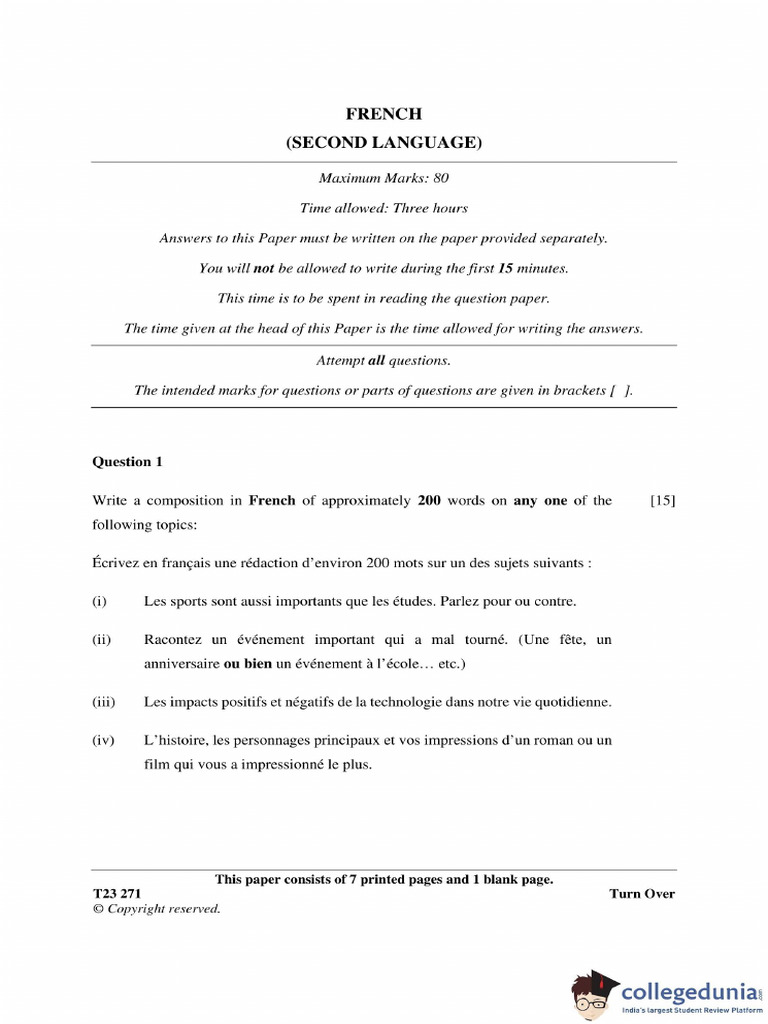 ICSE Class 10 French Question Paper 2023 | PDF