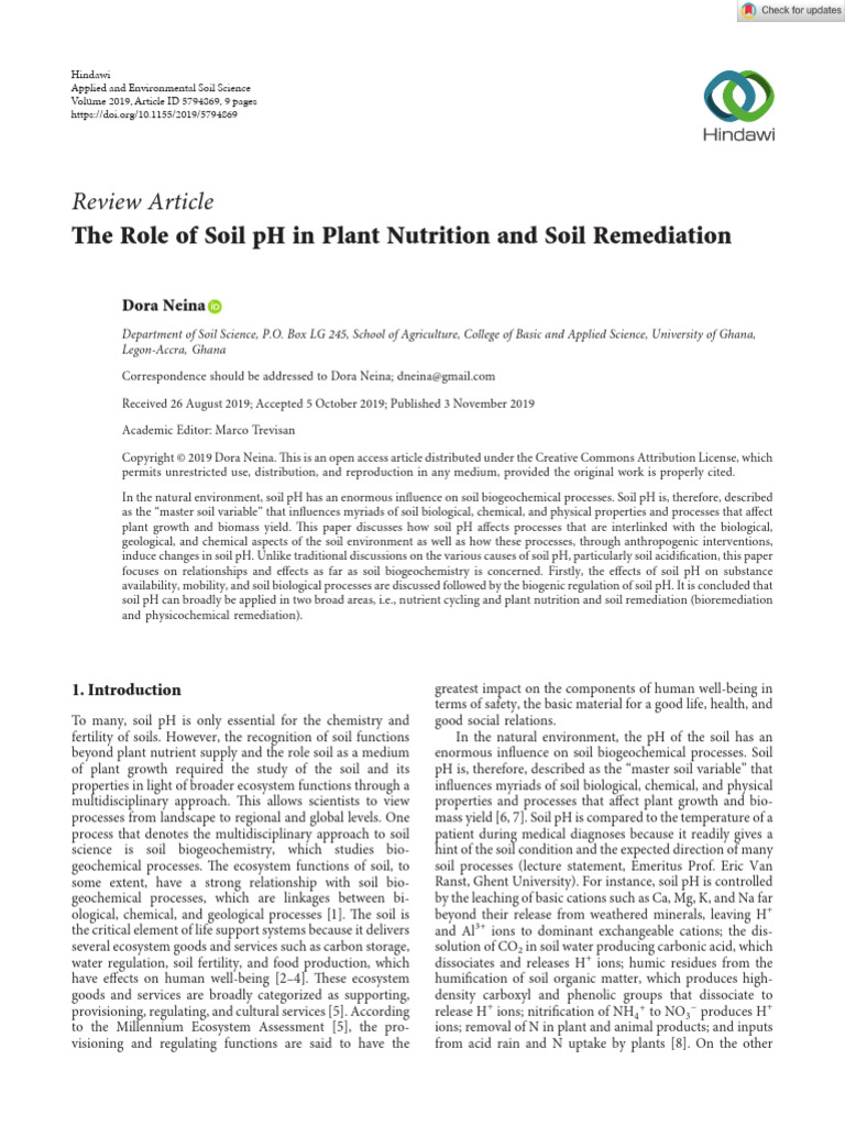 Applied and Environmental Soil Science - 2019 - Neina - The Role of Soil PH in Plant Nutrition ...