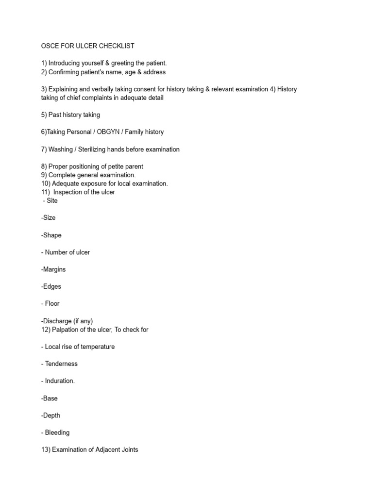 OSCE Ulcer Examination Checklist | PDF