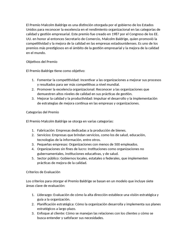 Premio Malcolm Baldrige: Excelencia Empresarial | PDF | Responsabilidad ...