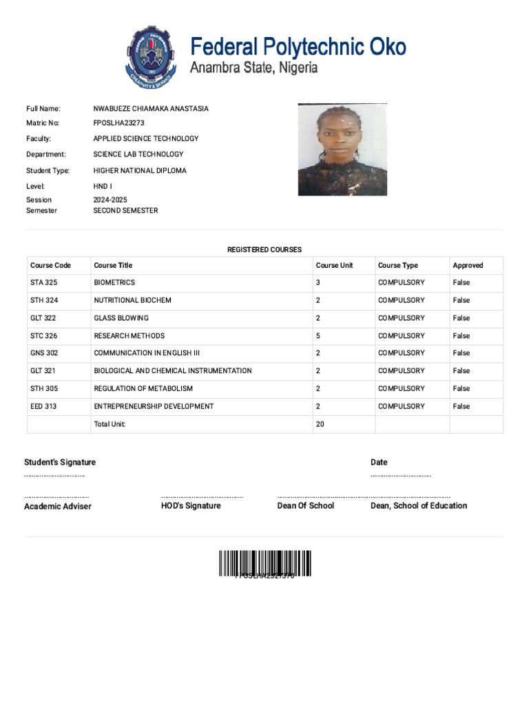 Amaka 2nd Semester HND1 Course Registration | PDF | Educational Stages | Qualifications