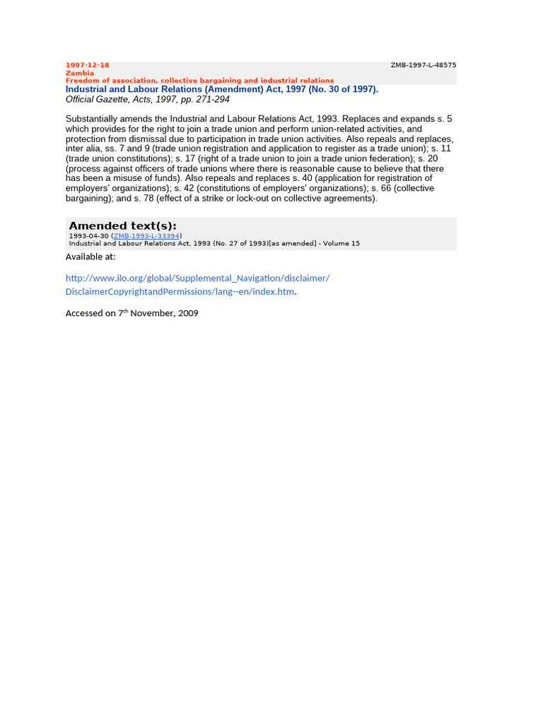 Zambia Industrial Labour Relations Act 1997 | PDF