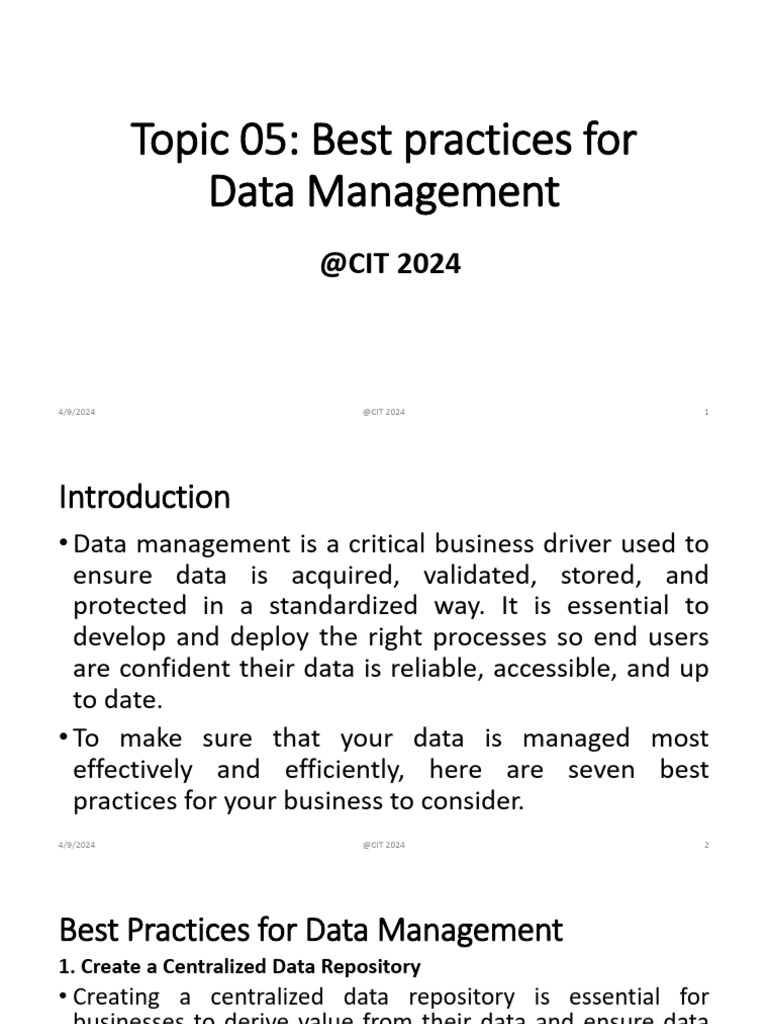 Topic 05 Data Management Best Practice | PDF | Databases | Data Warehouse
