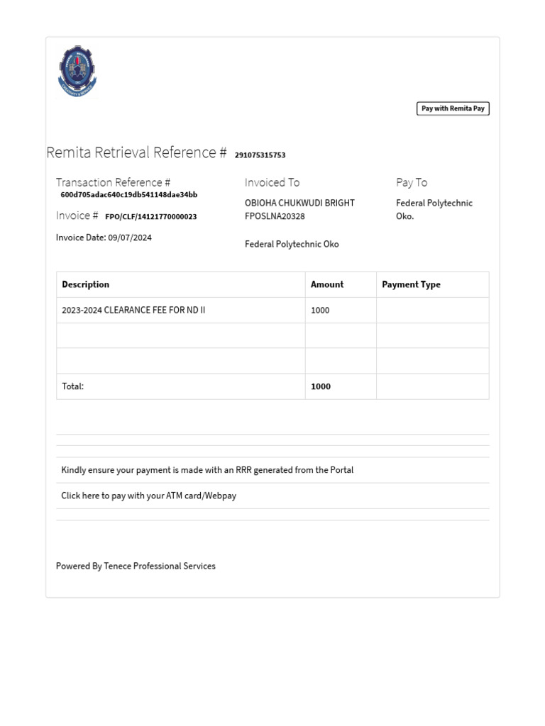 Remita Payment for Clearance Fee | PDF