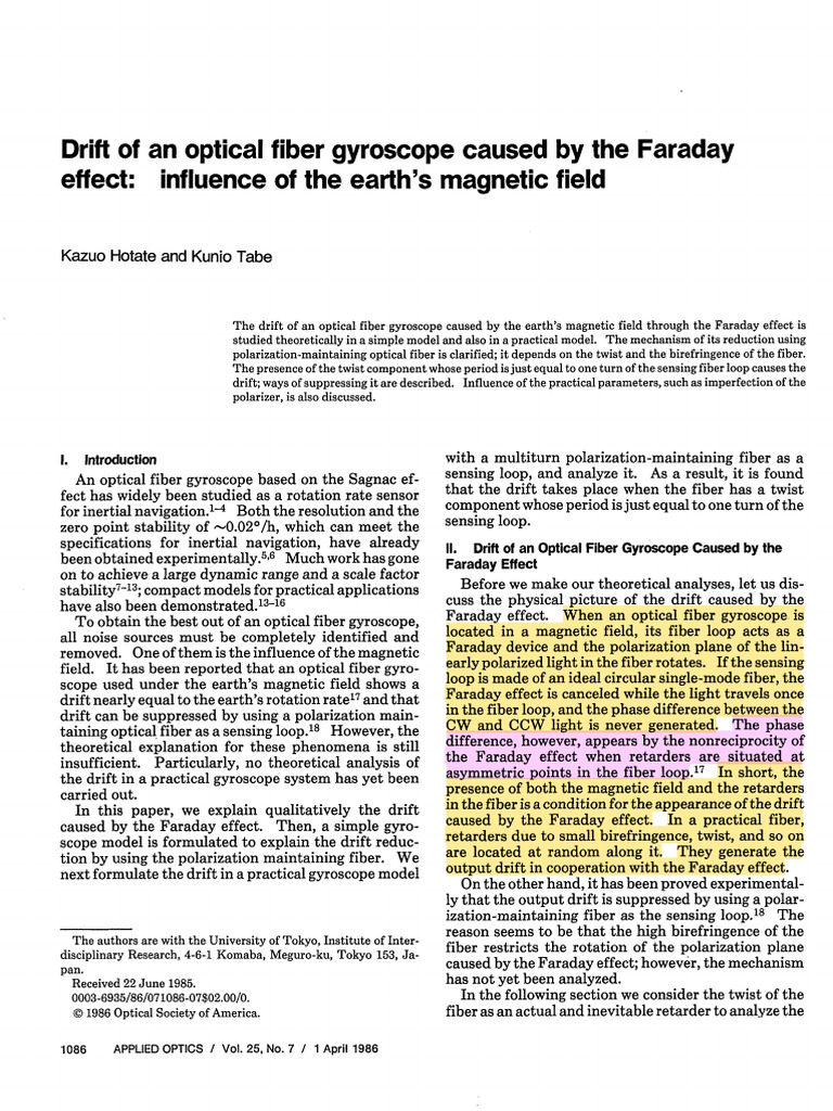 Drift of an optical fiber gyroscope caused by the Faraday effect (1986 ...
