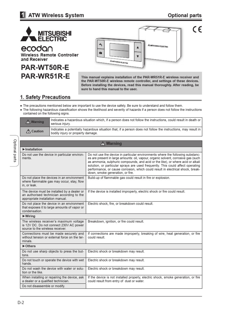Ecodan - Controls - PAR WT50R E PAR WR51R E - Install | PDF | Remote ...