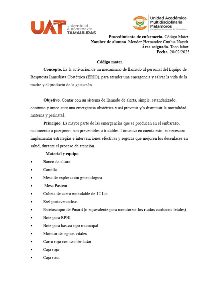 Procedimiento de Código Mater en Toco Labor | PDF | Enfermería | Partería