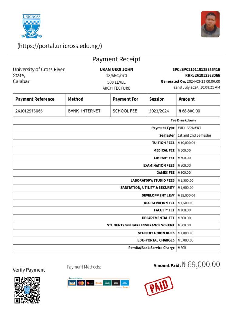 LVL 500 UNICROSS - Payment Receipt | PDF | Payments | Services (Economics)