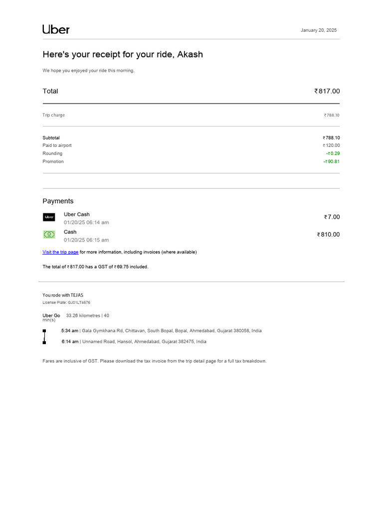 Uber Ride Receipt - January 20, 2025 | PDF
