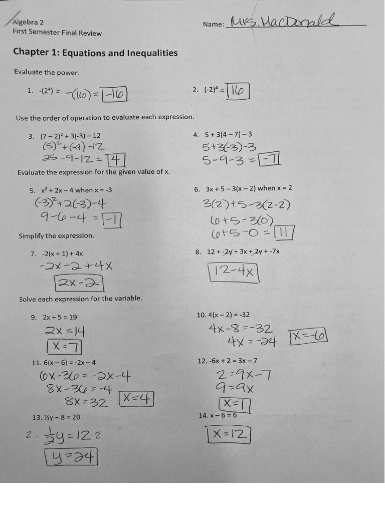 Alg 2 - 1st Sem Final Review Answer Key | PDF