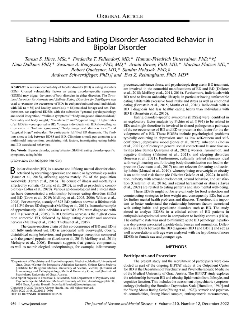 Eating Habits and Eating Disorder Associated Behavior in Bipolar ...